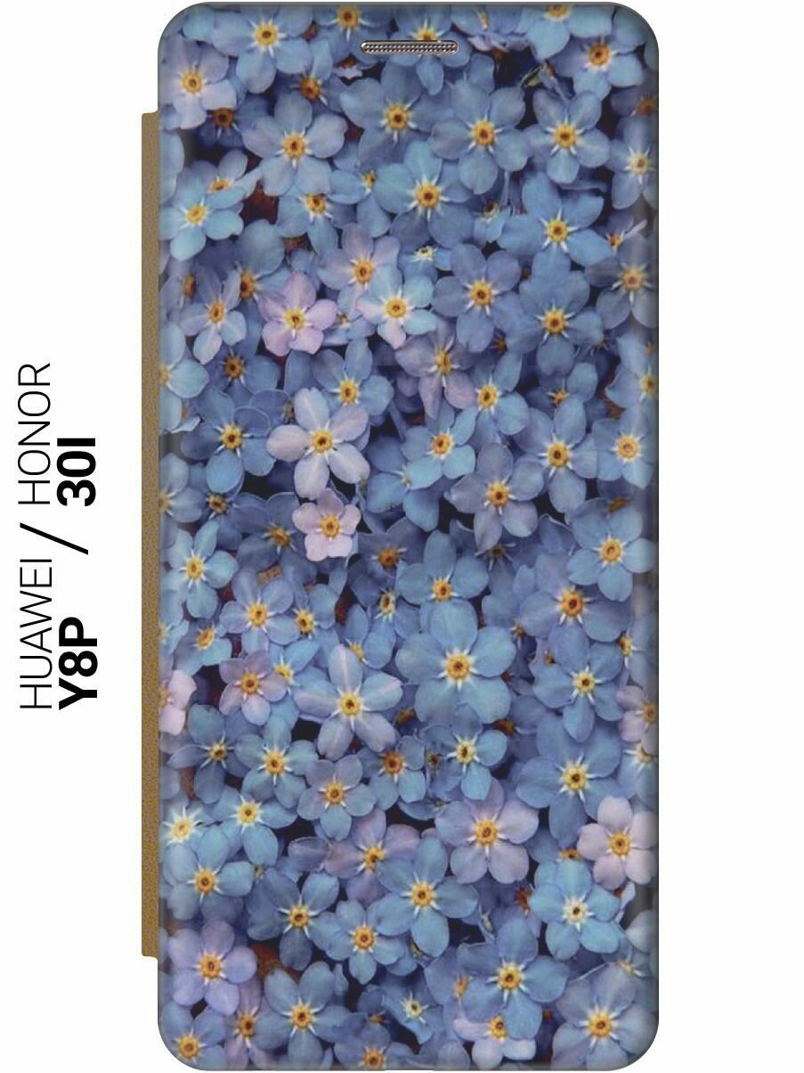 Чехол-книжка на Honor 30i, Huawei Y8P, Хуавей У8Р, Хонор 30ай c принтом "Голубые фиалки" золотистый