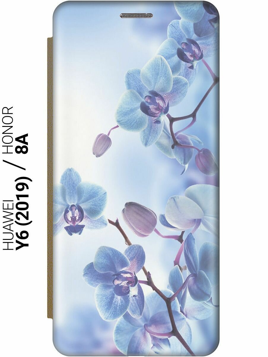 Чехол-книжка на Honor 8A, 8A Pro, Huawei Y6 (2019), Y6 Prime (2019), Хуавей Хонор 8а c принтом "Голубые орхидеи" золотистый