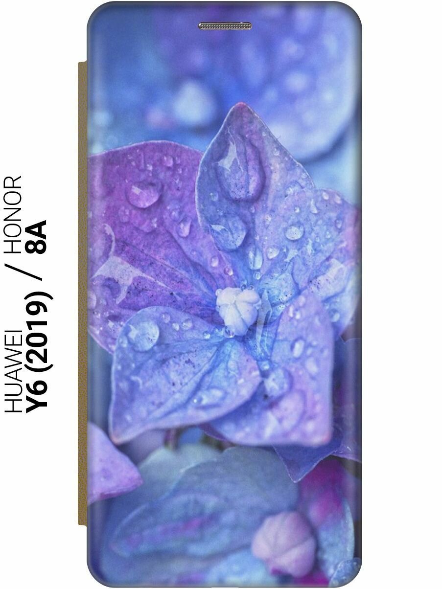 Чехол-книжка на Honor 8A, 8A Pro, Huawei Y6 (2019), Y6 Prime (2019), Хуавей Хонор 8а c принтом "Голубой цветочек" золотистый
