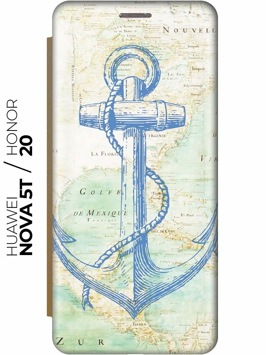 Чехол-книжка Якорь на карте на Honor 20 / Huawei Nova 5T / Хонор 20 / Хуавей Нова 5Т золотой
