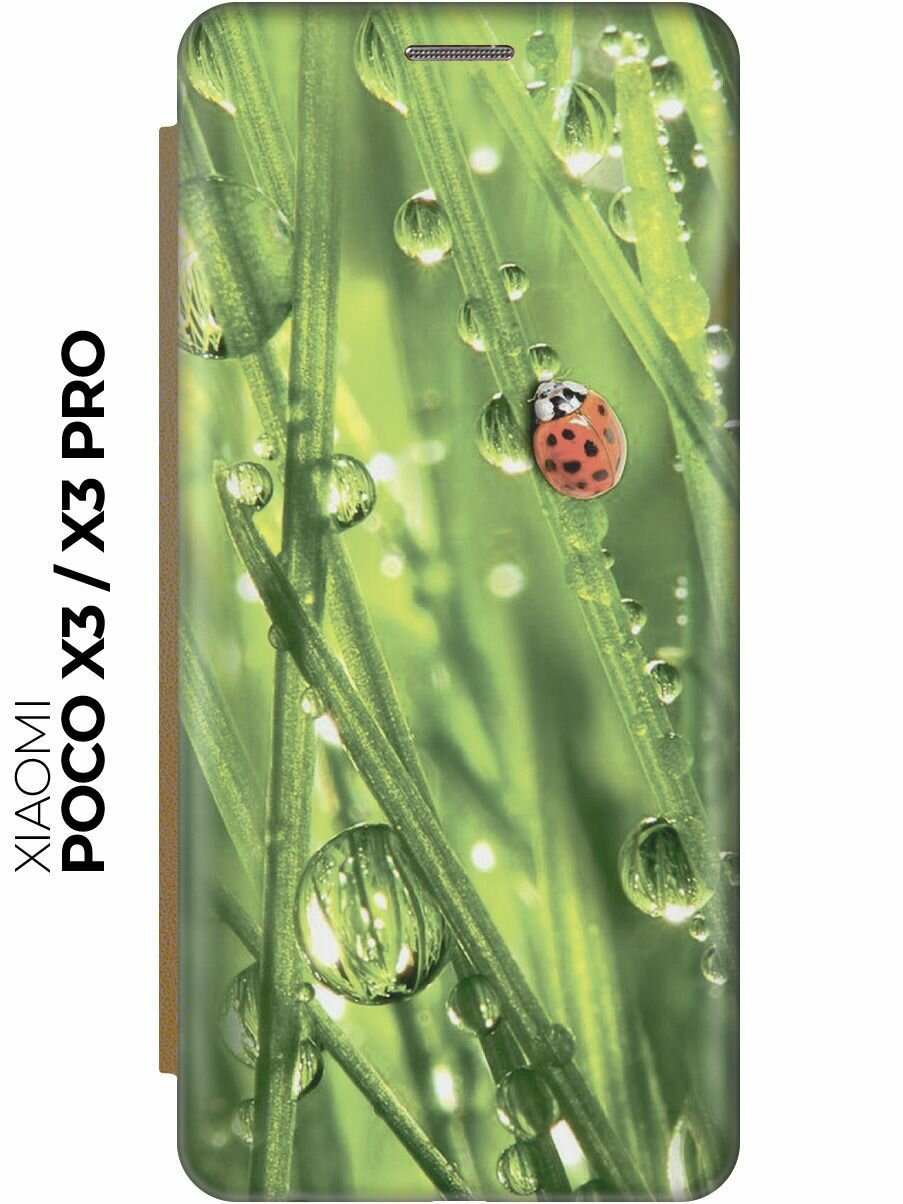 Чехол-книжка Божья коровка и капельки на Xiaomi Poco X3 / X3 Pro / Сяоми Поко Х3 / Х3 Про золотой