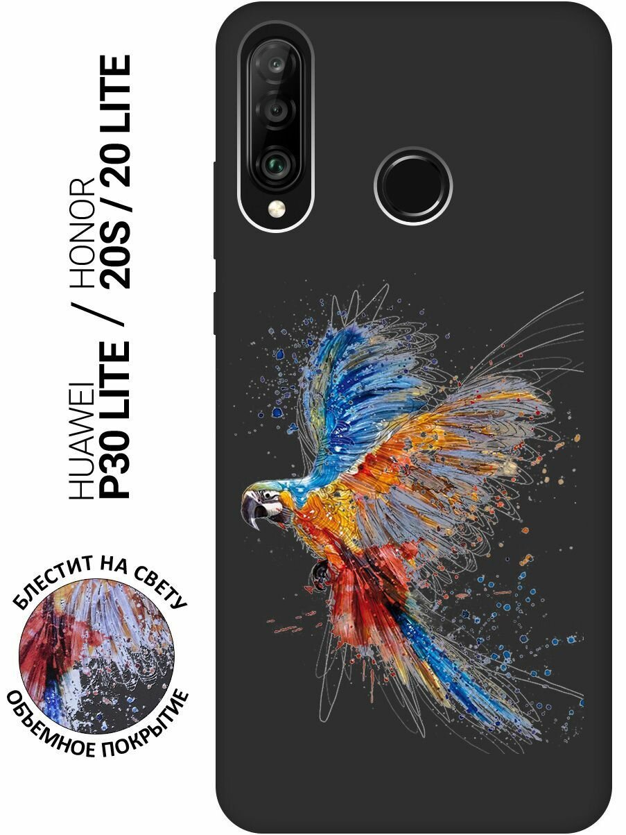 Матовый Soft Touch силиконовый чехол на Honor 20 Lite, 20s, Huawei P30 Lite, Хуавей Хонор 20 Лайт с 3D принтом "Colorful Parrot" черный