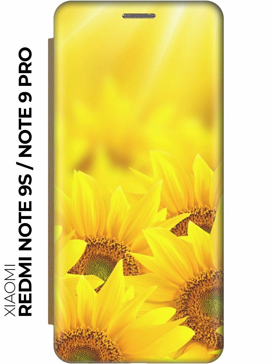 Чехол-книжка Подсолнухи на Xiaomi Redmi Note 9s / Note 9 Pro / Сяоми Редми Ноут 9с / Ноут 9 Про золотой