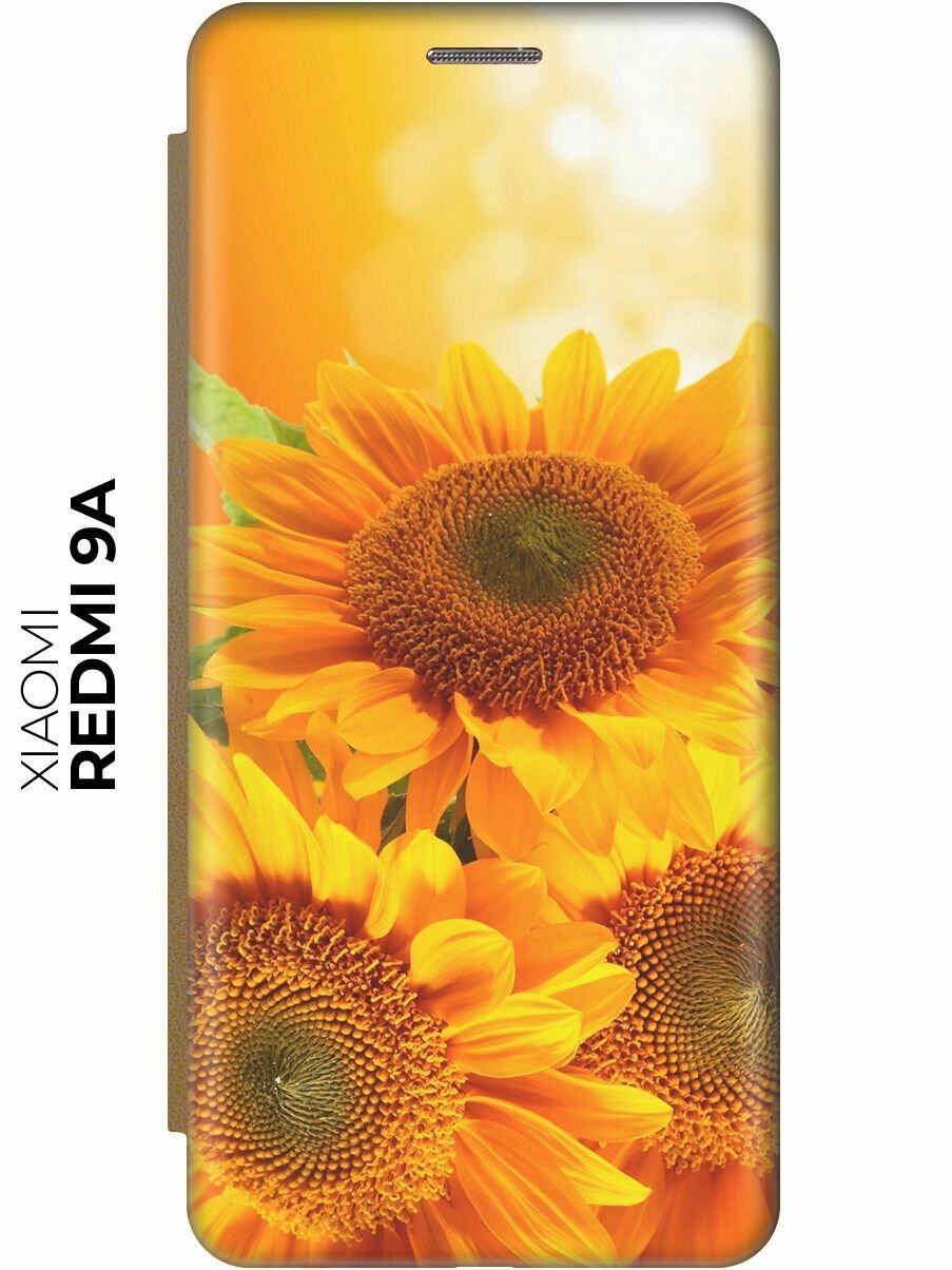 Чехол-книжка Три подсолнуха на Xiaomi Redmi 9A / Сяоми Редми 9А золотой