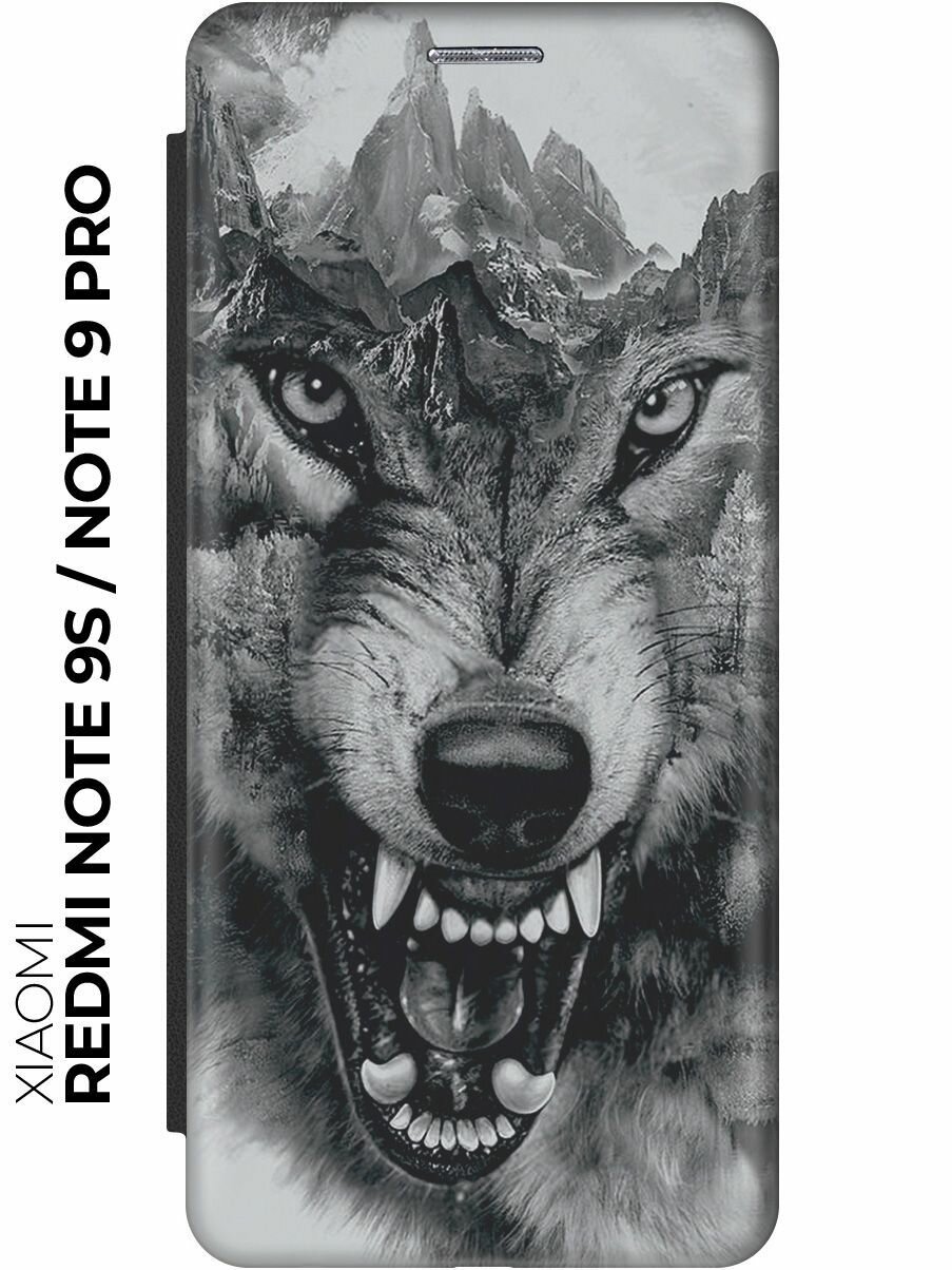 Чехол-книжка Волк в горах на Xiaomi Redmi Note 9s / Note 9 Pro / Сяоми Редми Ноут 9с / Ноут 9 Про черный
