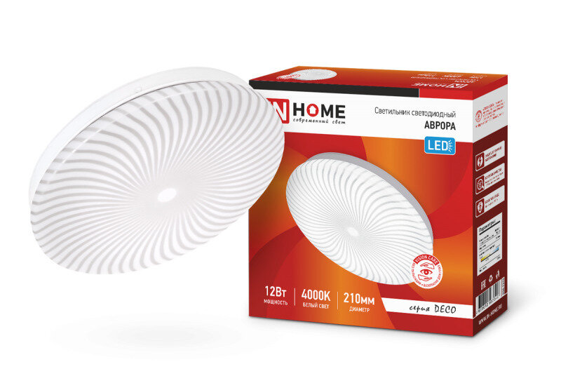 Светодиодный светильник потолочный настенный накладной серии DECO 12Вт 230В 4000К 780лм 210х50мм аврора IN HOME