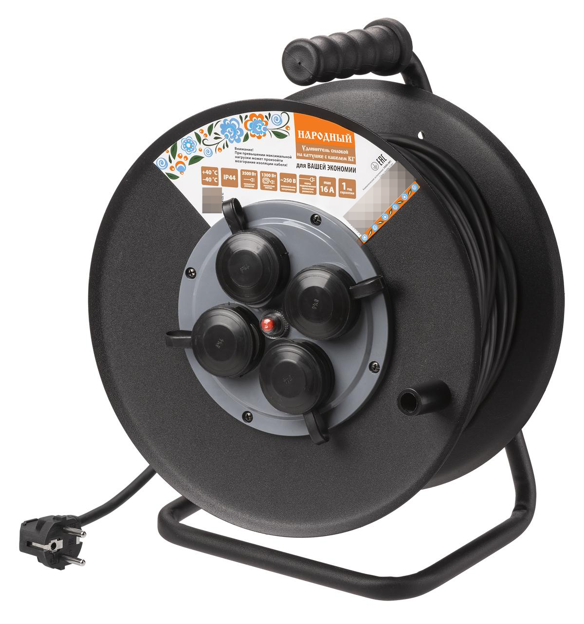 Удлинитель силовой на катушке TDM Electric / ТДМ Электрик УХз16-004 Народный, металлическая катушка А3, провод КГ черный, 4 розетки, 3500Вт, IP44, 50м, SQ1307-0162 / электрика