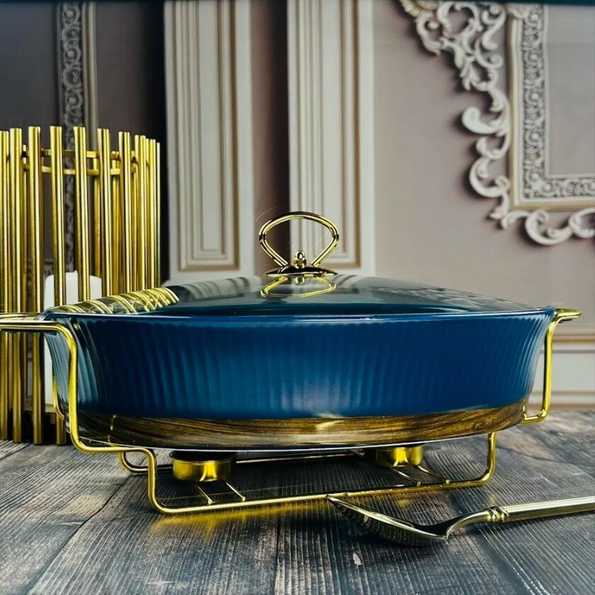 Овальный сервировочный мармит 38см с крышкой WOOD на подставке Фарфор 133-398 118-133-398