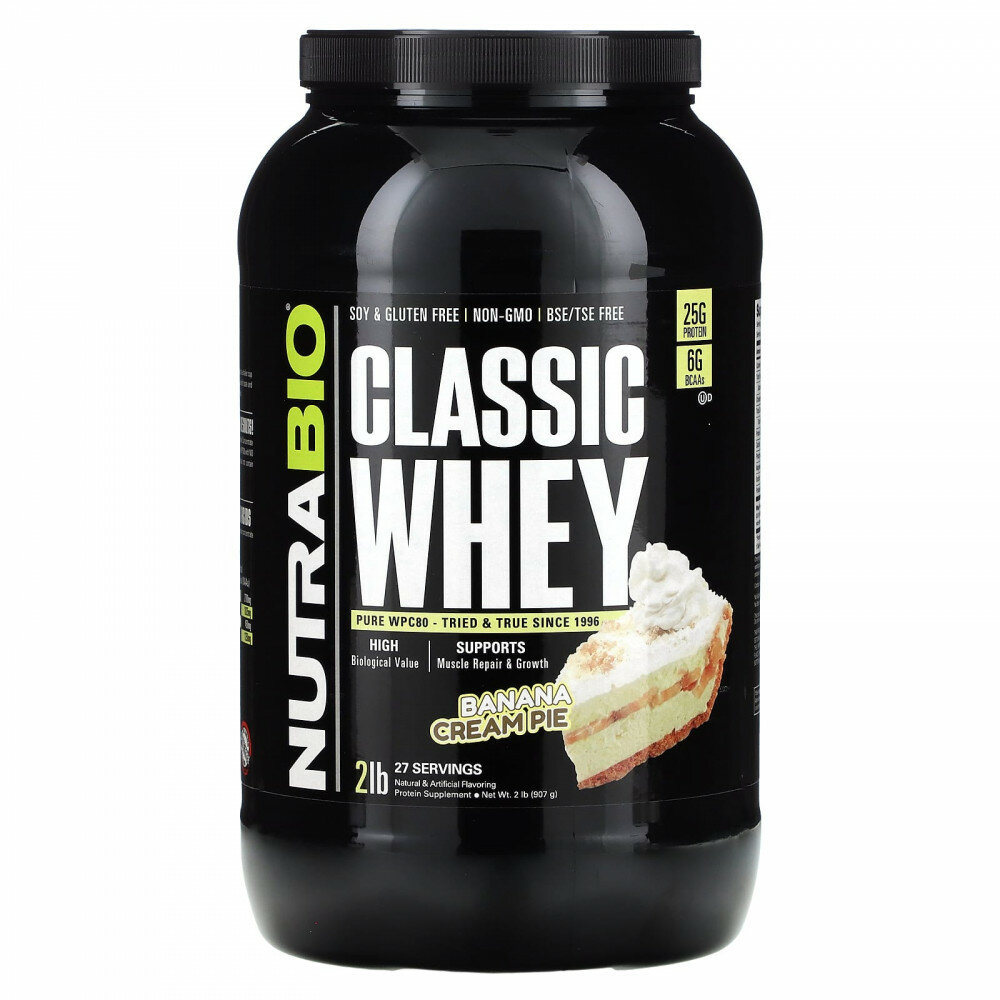 NutraBio, Classic Whey Protein, банановый кремовый пирог, 907 г (2 фунта)