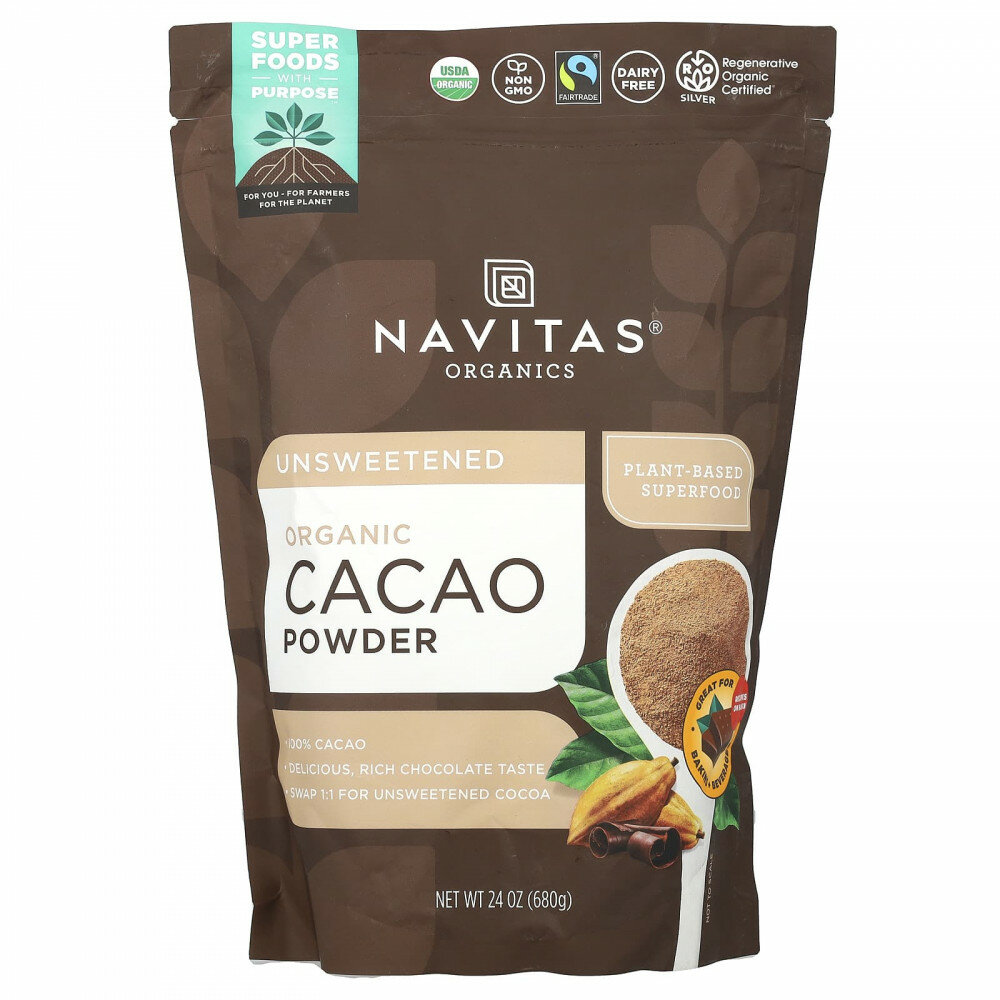 Navitas Organics, органический какао-порошок, без подсластителей, 680 г (24 унции)