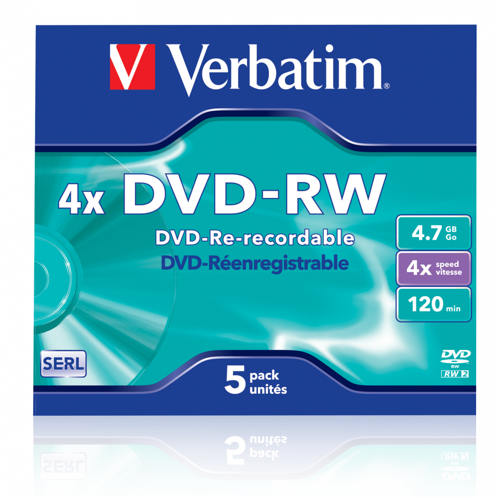 Оптический диск Verbatim DVD-RW 4.7GB 4X SERL Matt Silver, Slim Case, 5 шт