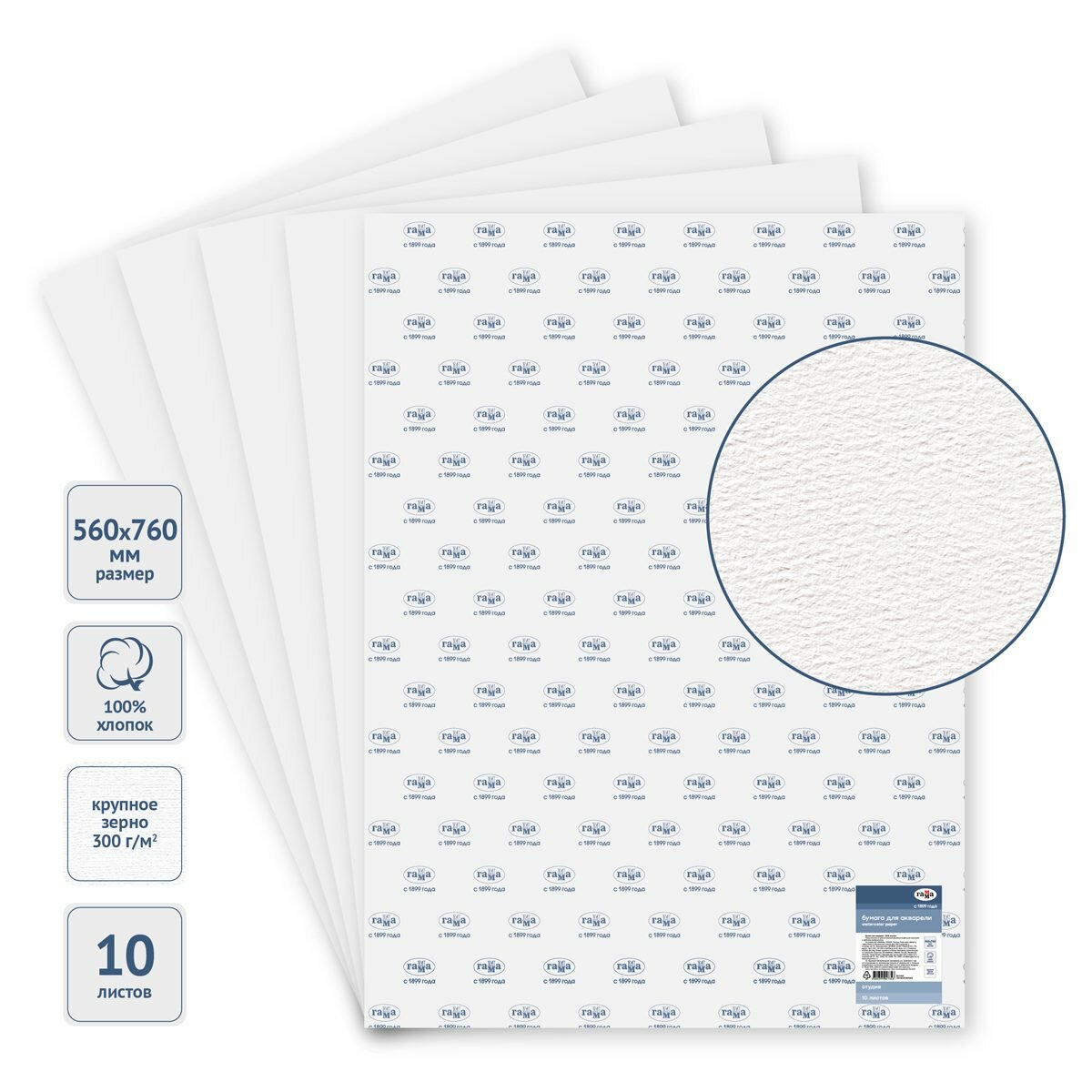 Бумага для акварели 560x760мм, 10л Гамма "Студия" (300 г/кв. м, крупное зерно, 100% хлопок) (25C00L810W30CG)