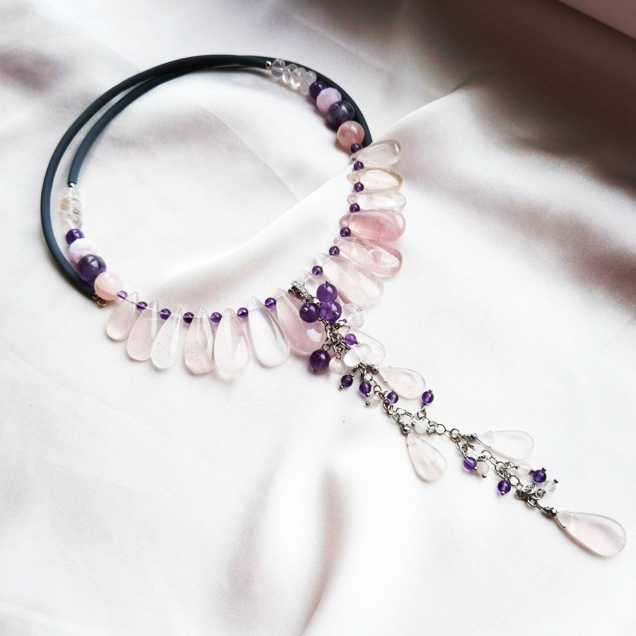 Серьги Камни Елены, розовый кварц, аметист