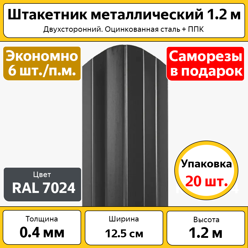 Штакетник металлический (20 шт.) / высота 1.2 м / ширина 12,5 см / 0.4 мм / серый 7024
