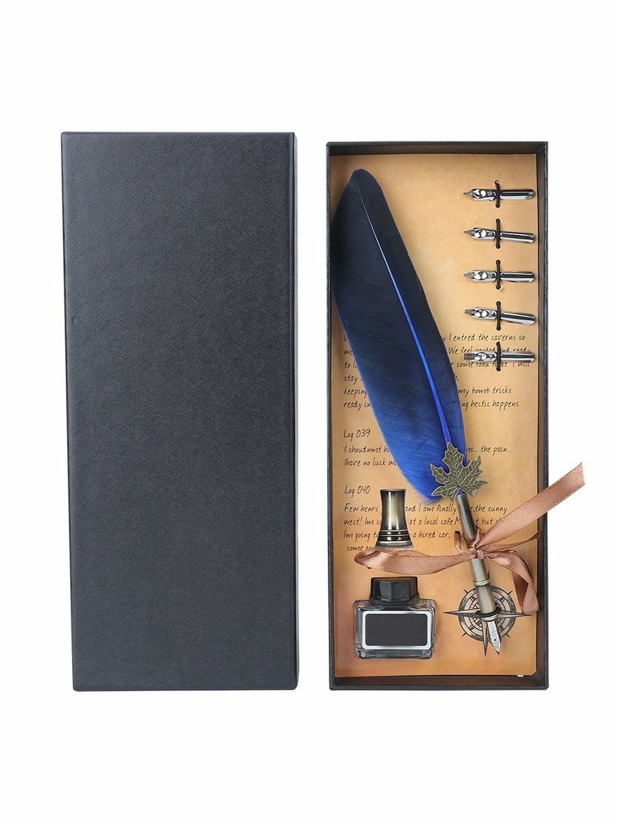 Винтажная перьевая ручка с синим пером в подарочной коробке, каллиграфическое перо с гусиными чернилами