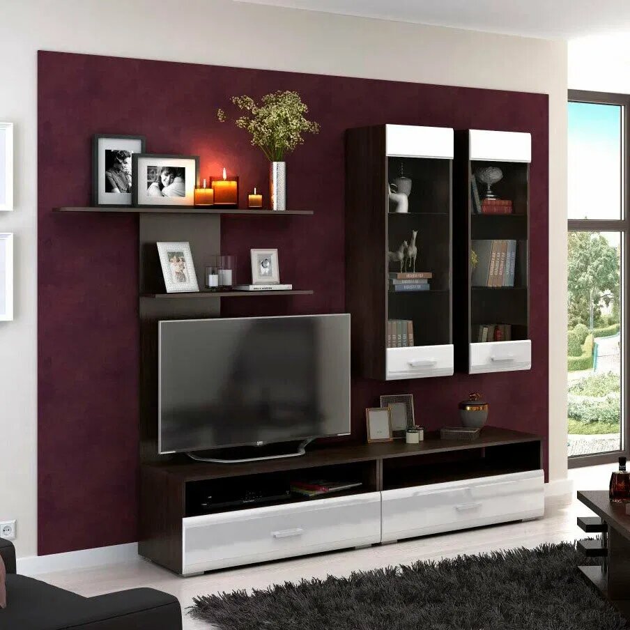 Стенка в гостиную «Вегас-2», венге/белый глянец (2400х446х1944)