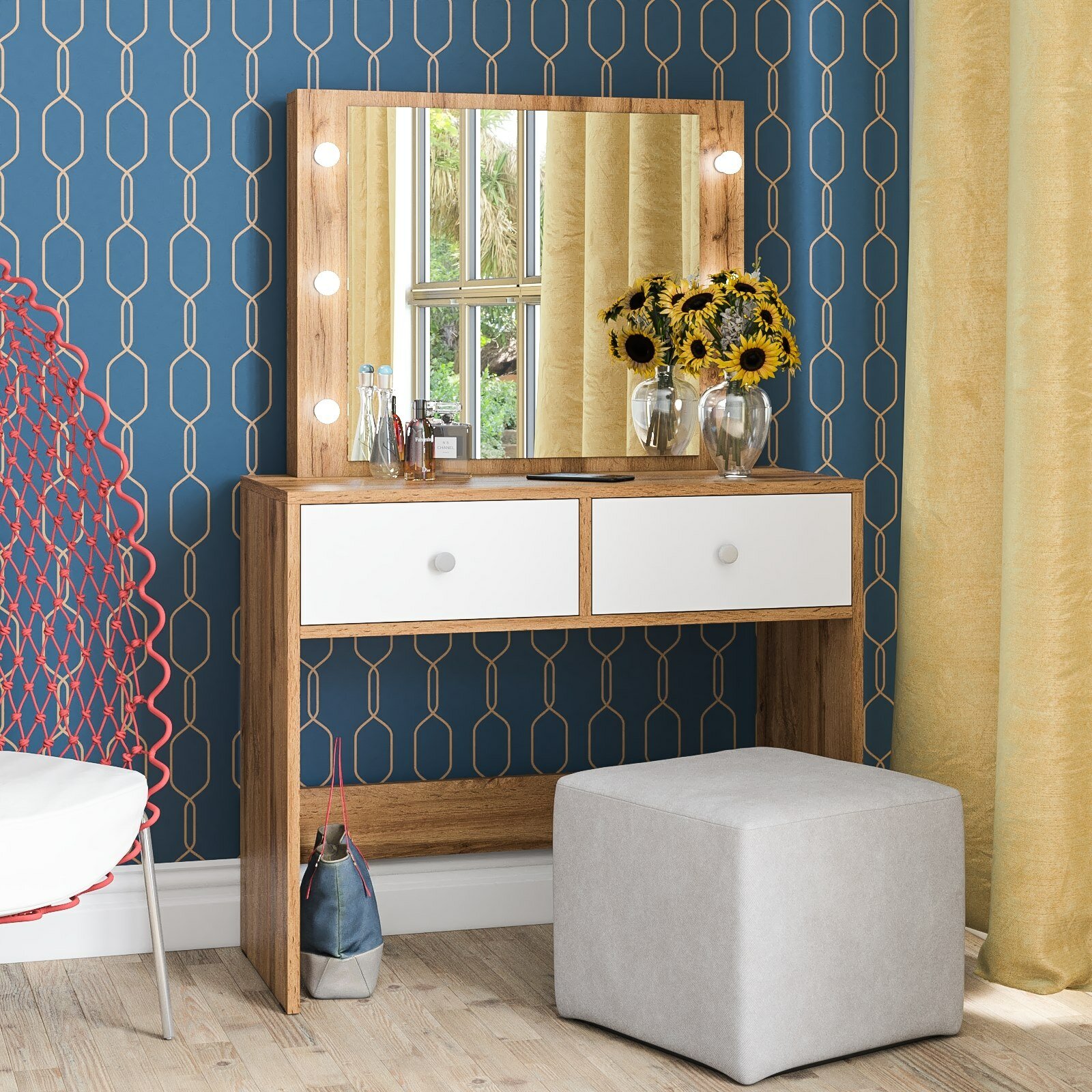 Стол туалетный РВК СТ-5 с подсветкой, дуб вотан/белый, ШхГхВ 90х40х136 см