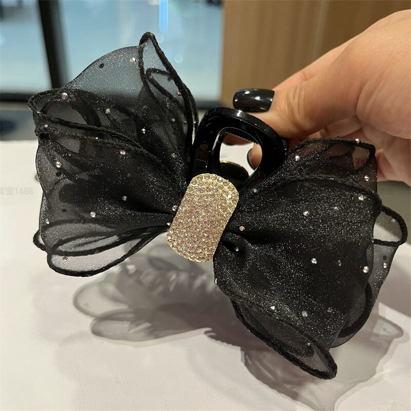 Заколка-бантик, корейская версия, двусторонний бант, гипсофиловая сетка, черный цвет