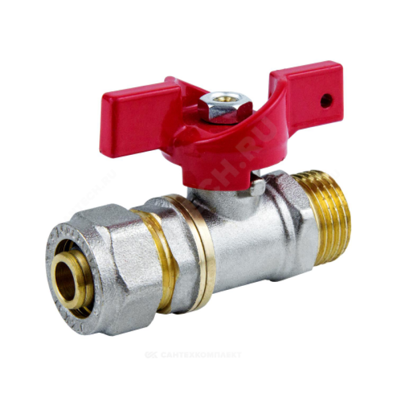 Кран шаровой латунь никель 1016 Euro Дн 16х1/2" Ру16 ВР/обжим бабочка красная Aquasfera 1016-01 .