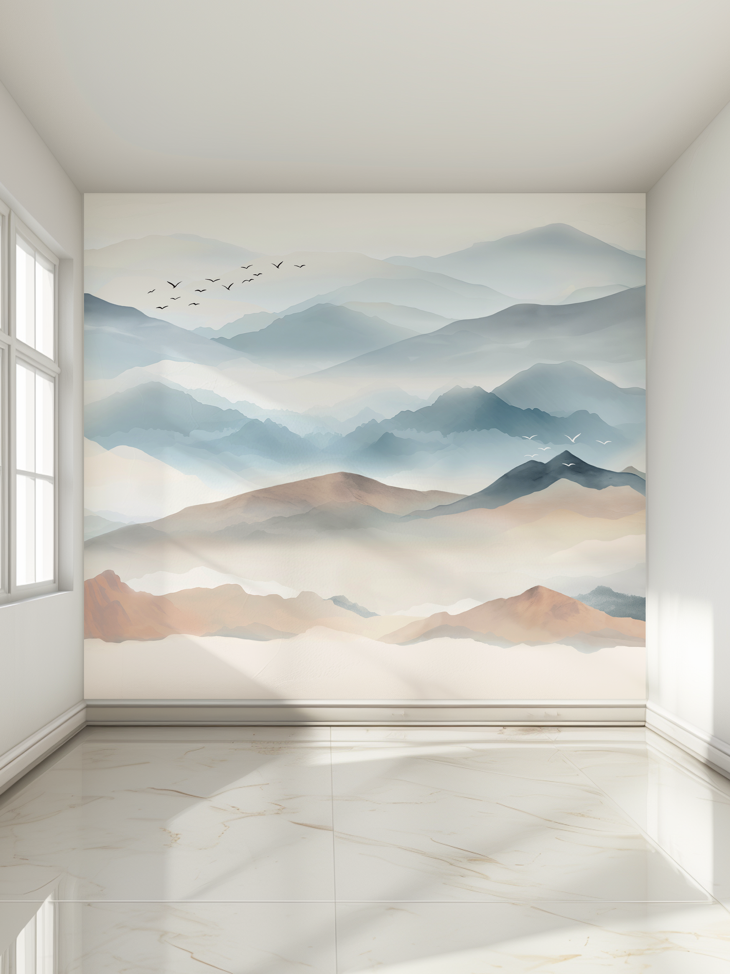 Фотообои 3д на стену "Горы акварель", флизелиновые 300х280 см на кухню, спальню, зал