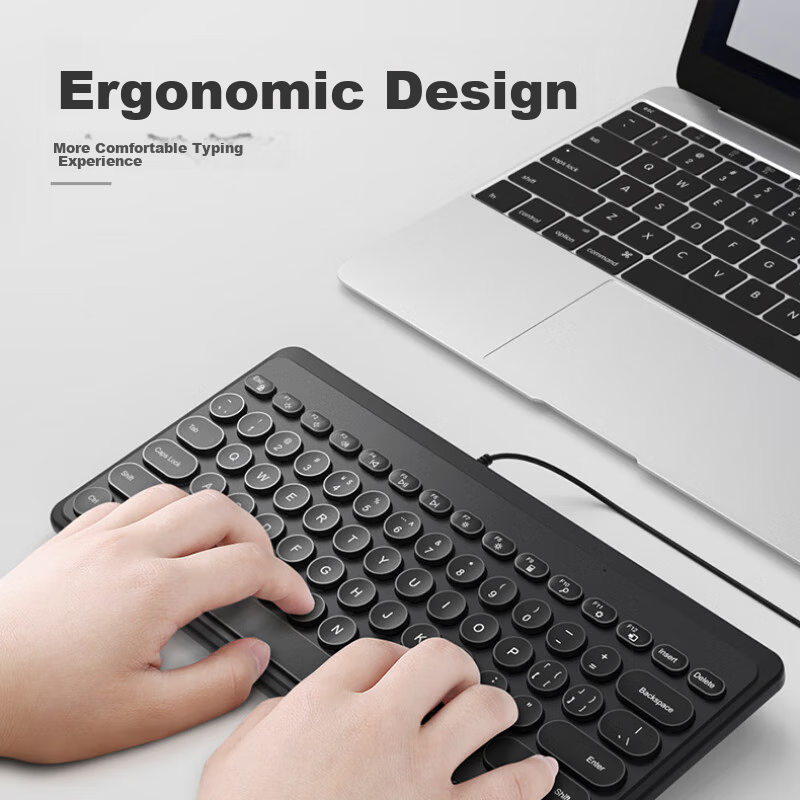Hangshi (BOW) K-610U Wired Keyboard, Retro Round Keycap Keyboard, Home Office Laptop Desktop Portable USB Compact Keyboard, Black