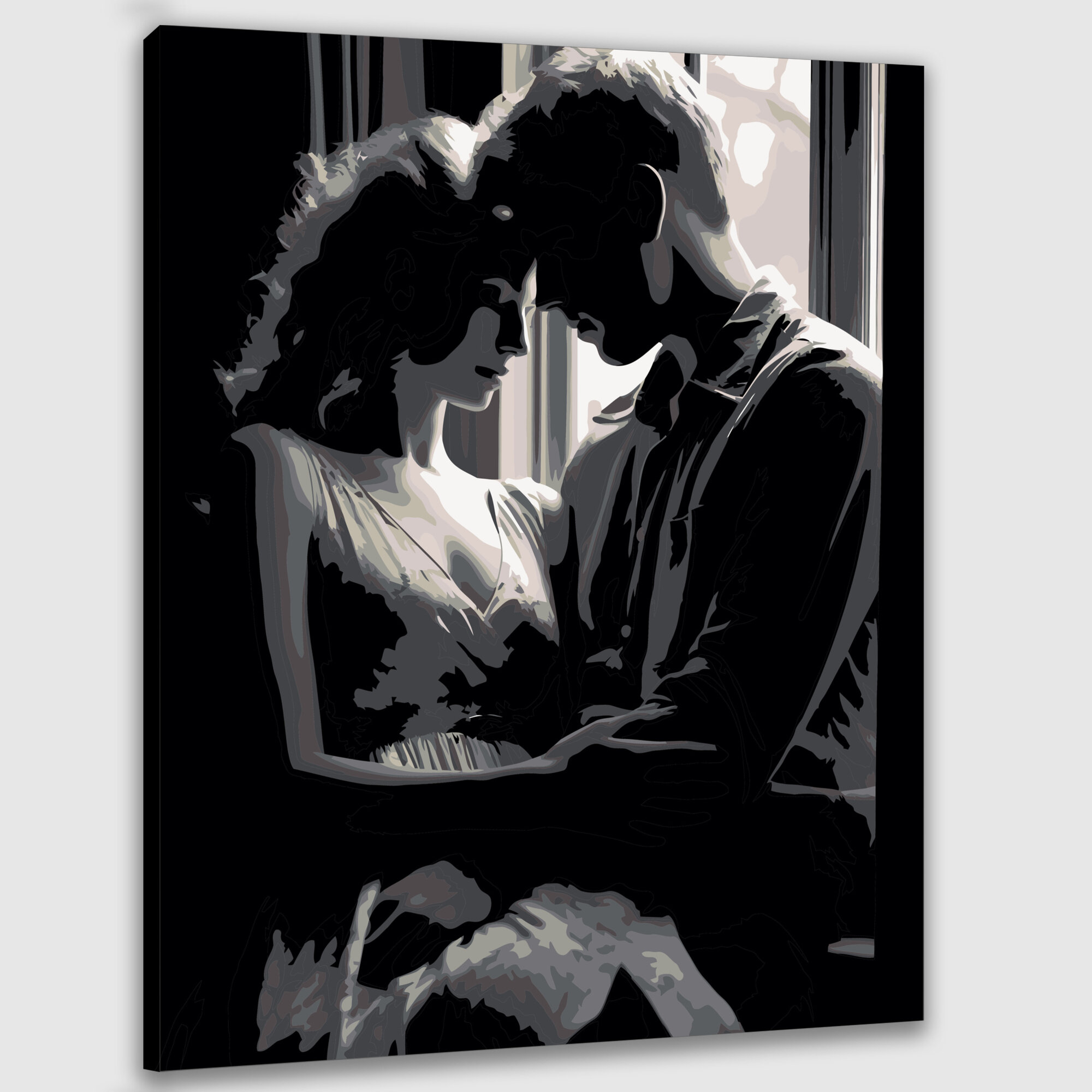 Картина по номерам 40x50 см, черно-белая фотография, влюбленная пара, диванчик, окно, взгляды, переплетенные руки