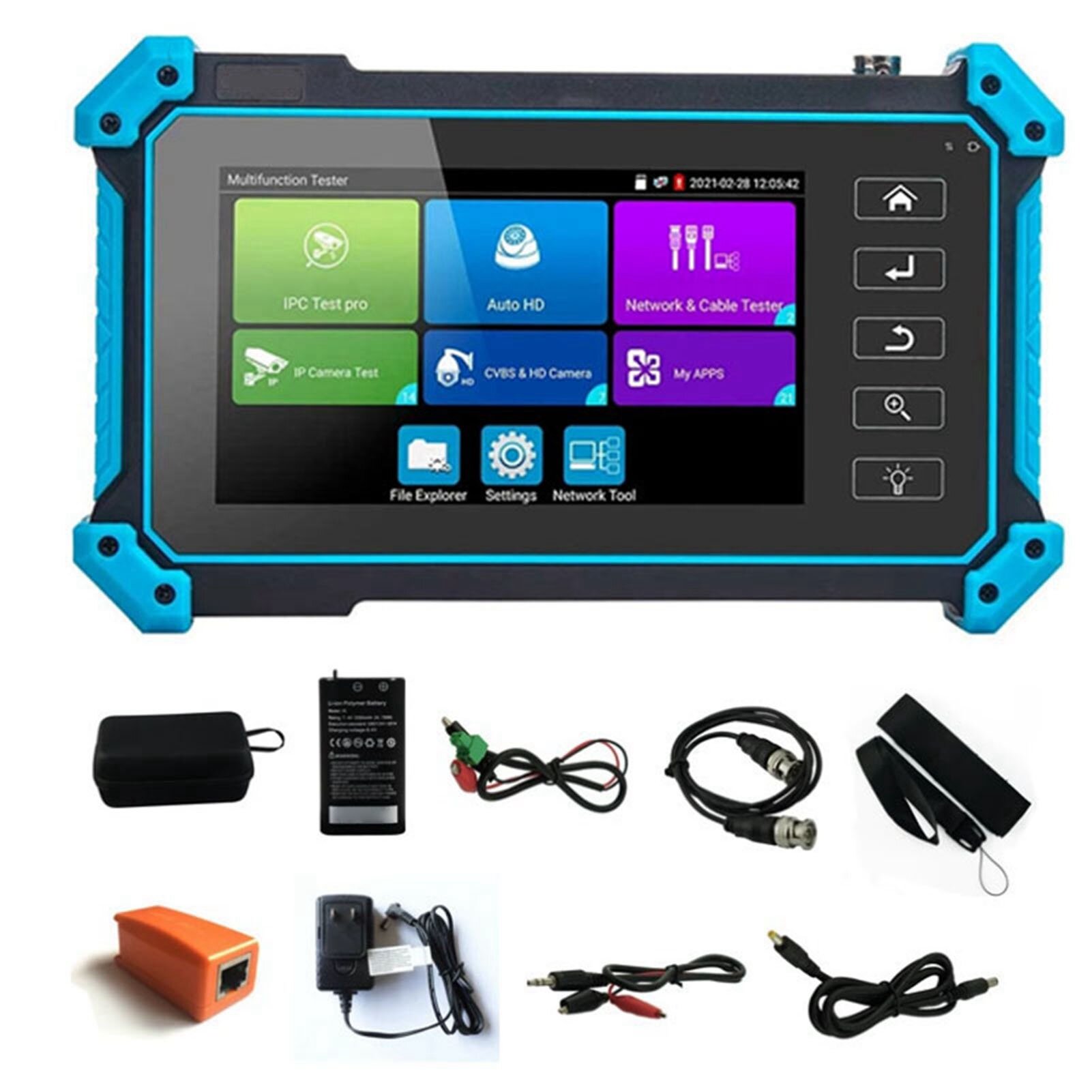 Портативный тестер для мониторов и камер видеонаблюдения с 5-дюймовым дисплеем, коаксиальным и аналоговым видеовыходом.