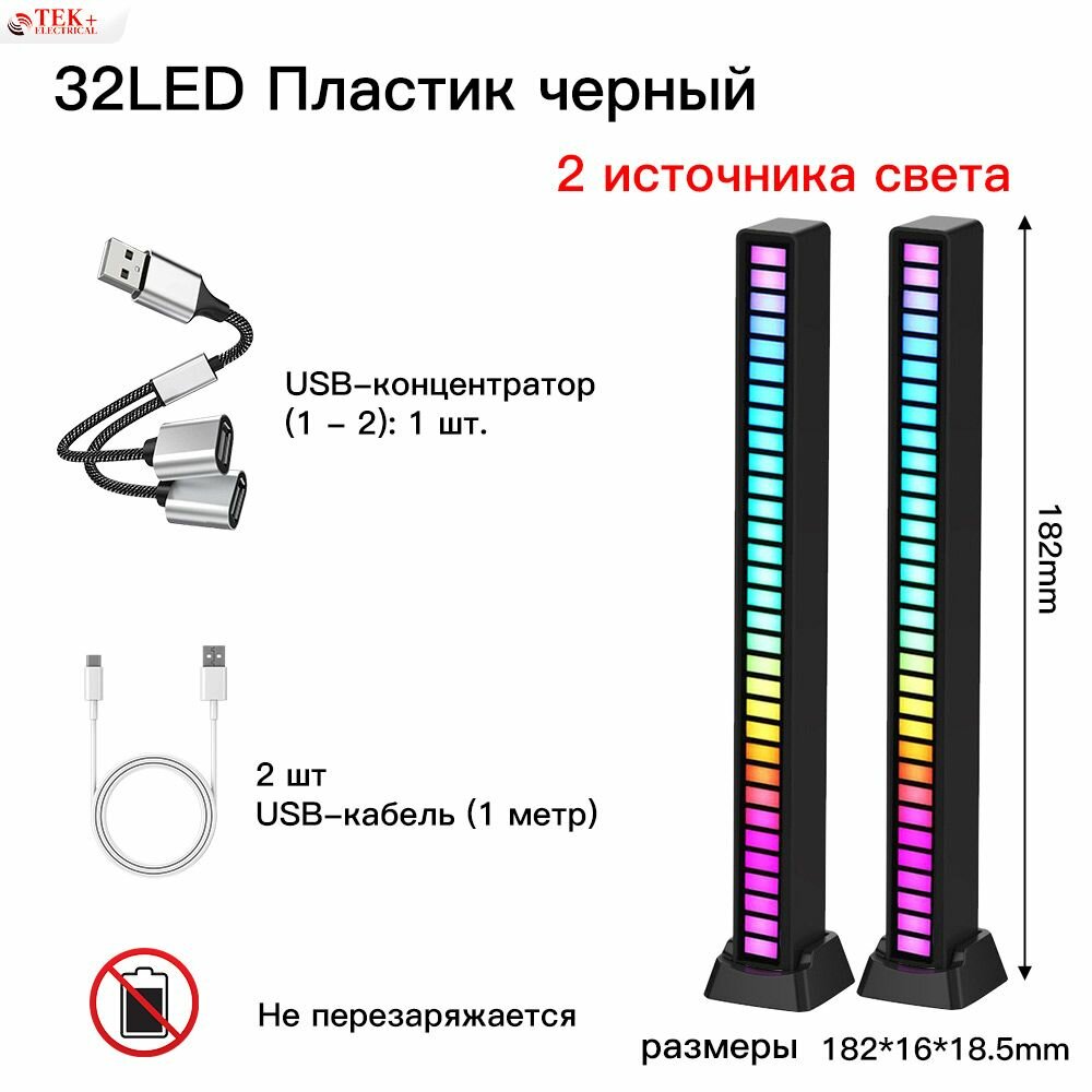 32LED Черная интеллектуальная подсветка RGB, музыкальный эквалайзер RGB LED, питание от USB, музыкальная подсветка с управлением звуком 2 шт.