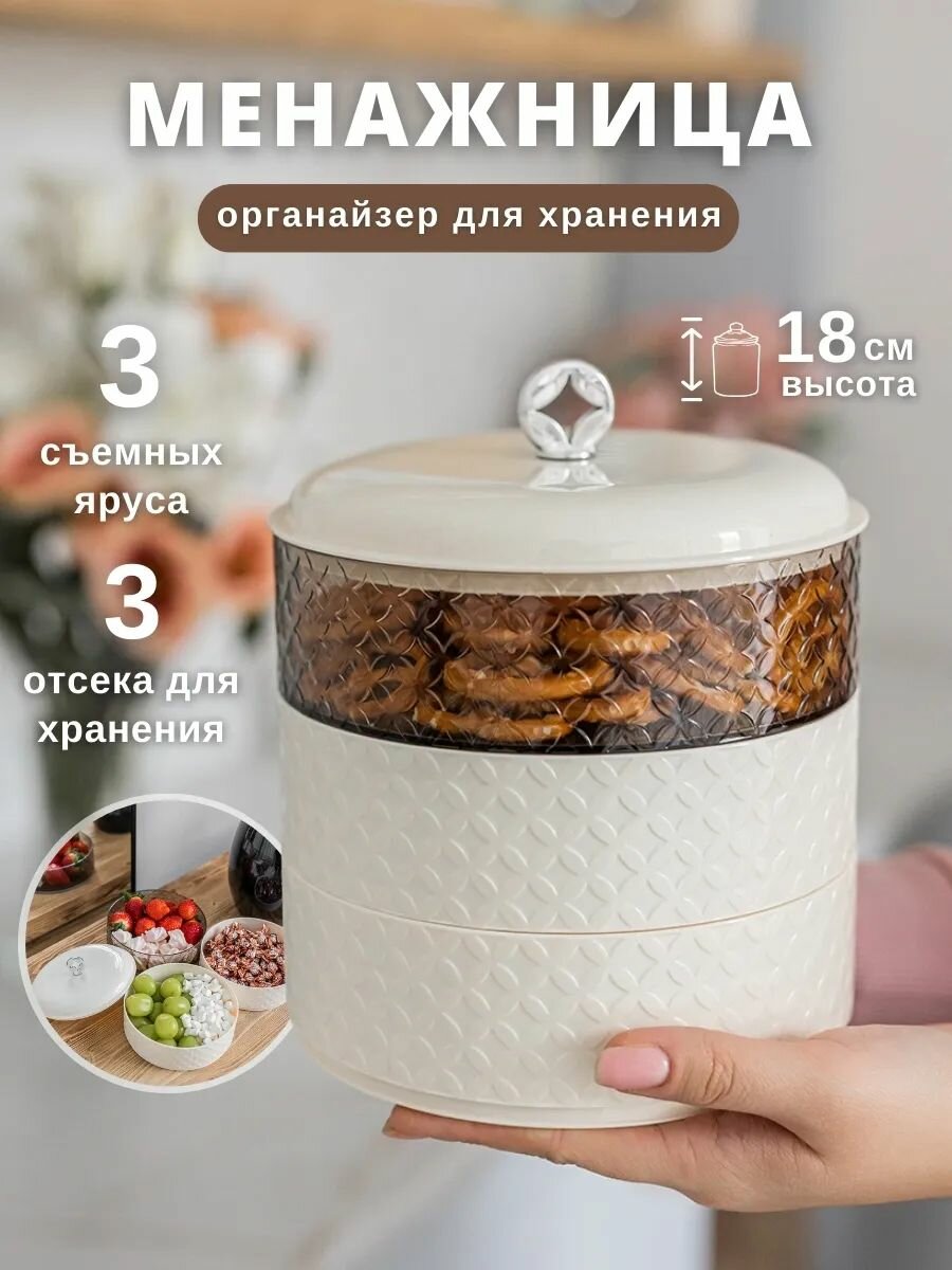 Менажница с крышкой для сервировки стола трехъярусная секционная тарелка для закусок, орехов и сладостей