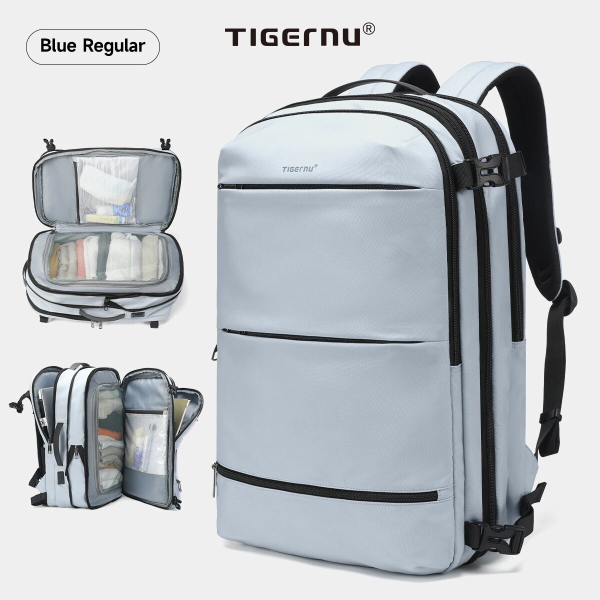 Вакуумный компрессионный рюкзак Tigernu для мужчин и женщин, расширяемый дорожный Blue Regular