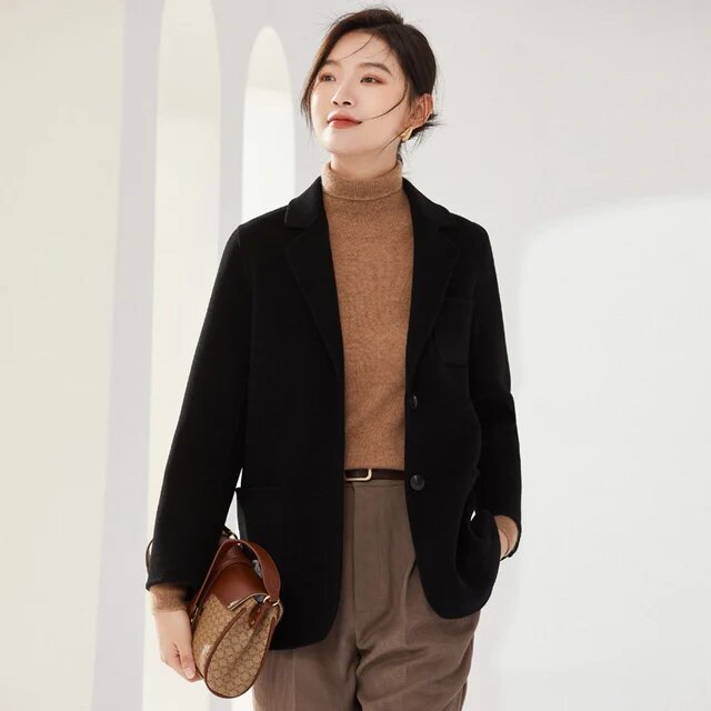 Новое двухстороннее шерстяное пальто для женщин в корейском стиле, короткий блейзер из 100% чистой шерсти, приталенный однобортный пиджак с несколькими карманами