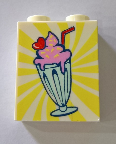 Brick 1 x 2 x 2 with Inside Stud Holder with Bright Pink Milkshake with Red Straw and Cherry in Light Aqua Glass Pattern, 3245cpb103 White U