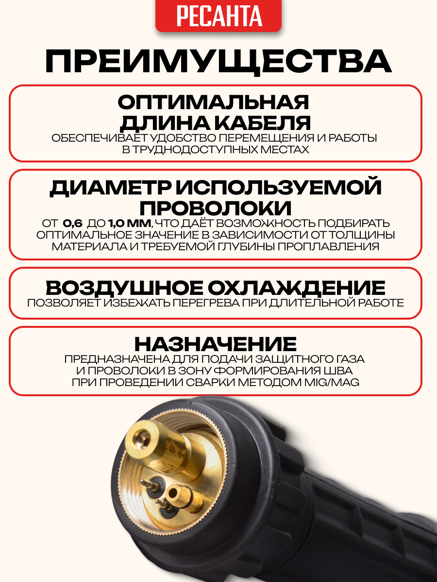 Горелка, Ресанта САИПА-220, сварочный ток 220 А, для MIG/MAG, 2 м — фото 1