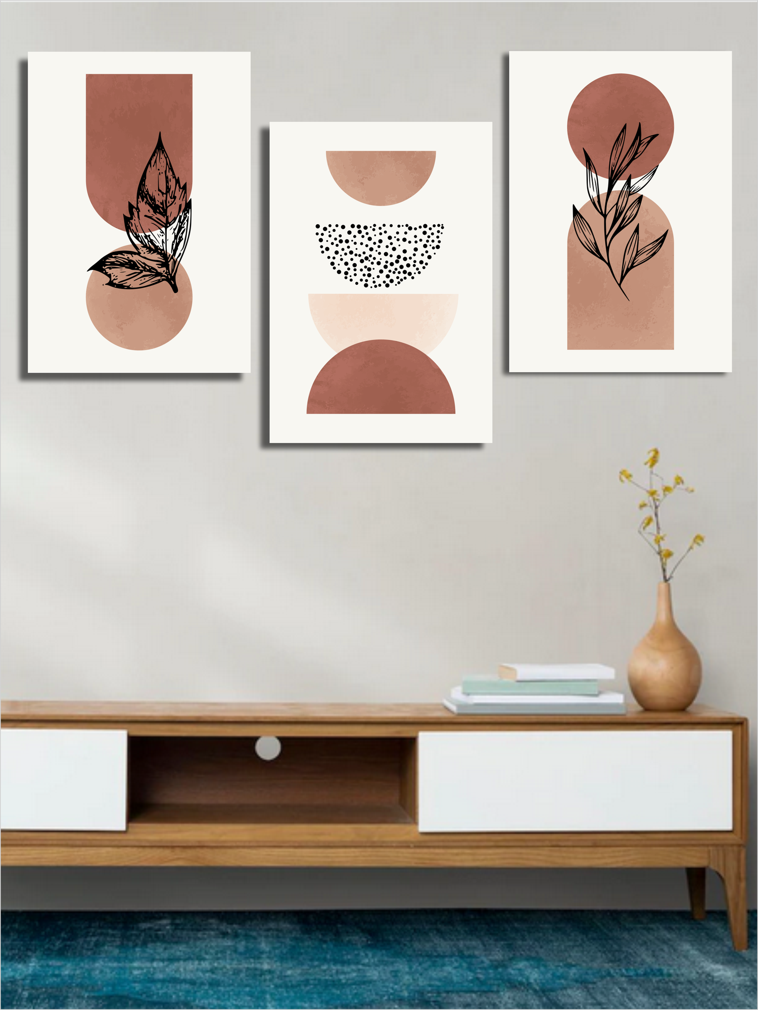 Модульная интерьерная картина "Медная абстракция с листьями", натуральный холст на подрамнике, размер 40х60см - 3 шт