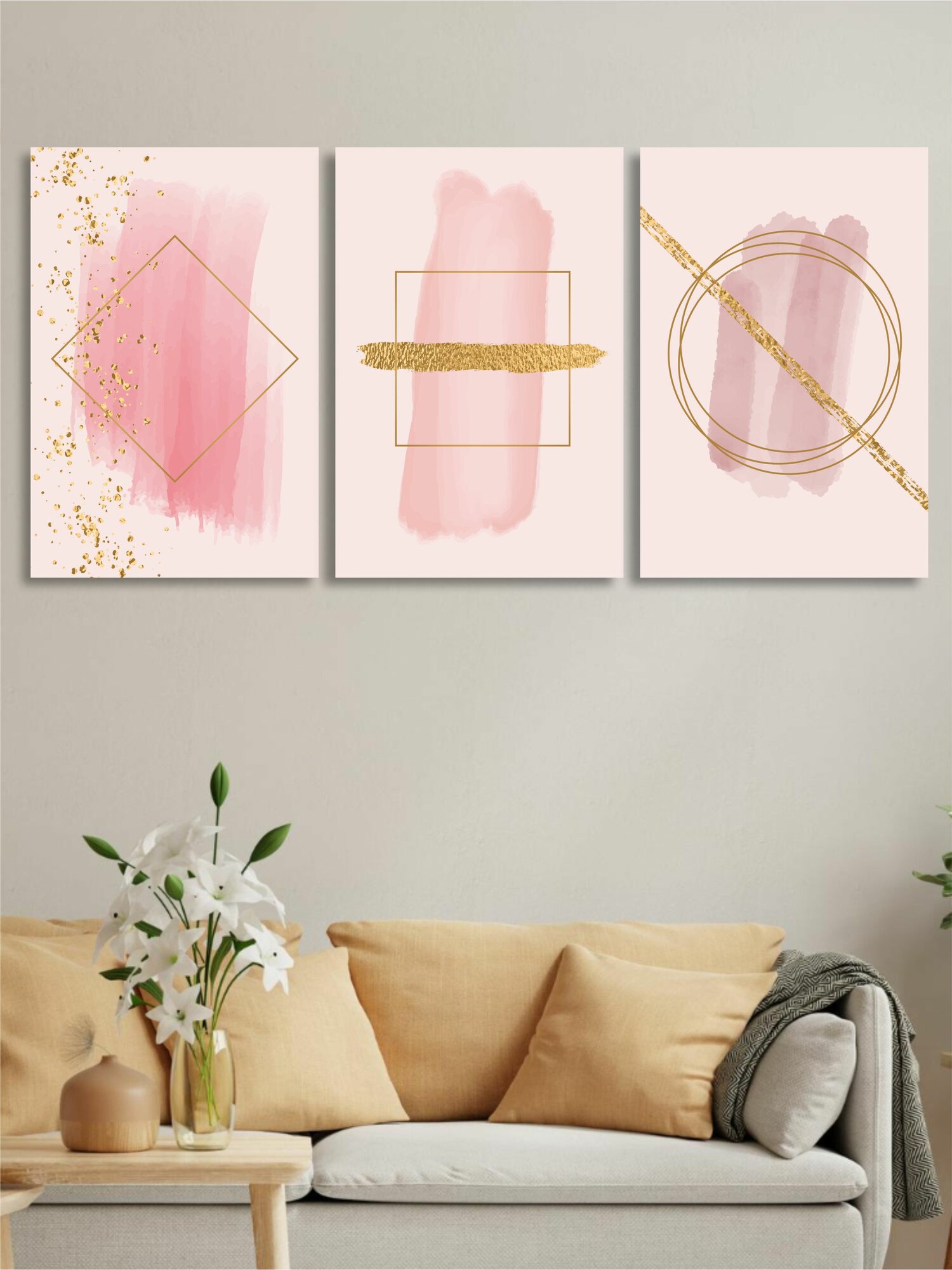 Модульная картина для интерьера на стену абстракция. Золотые геометрические фигуры 40х60 см - 3 штуки на холсте на подрамнике