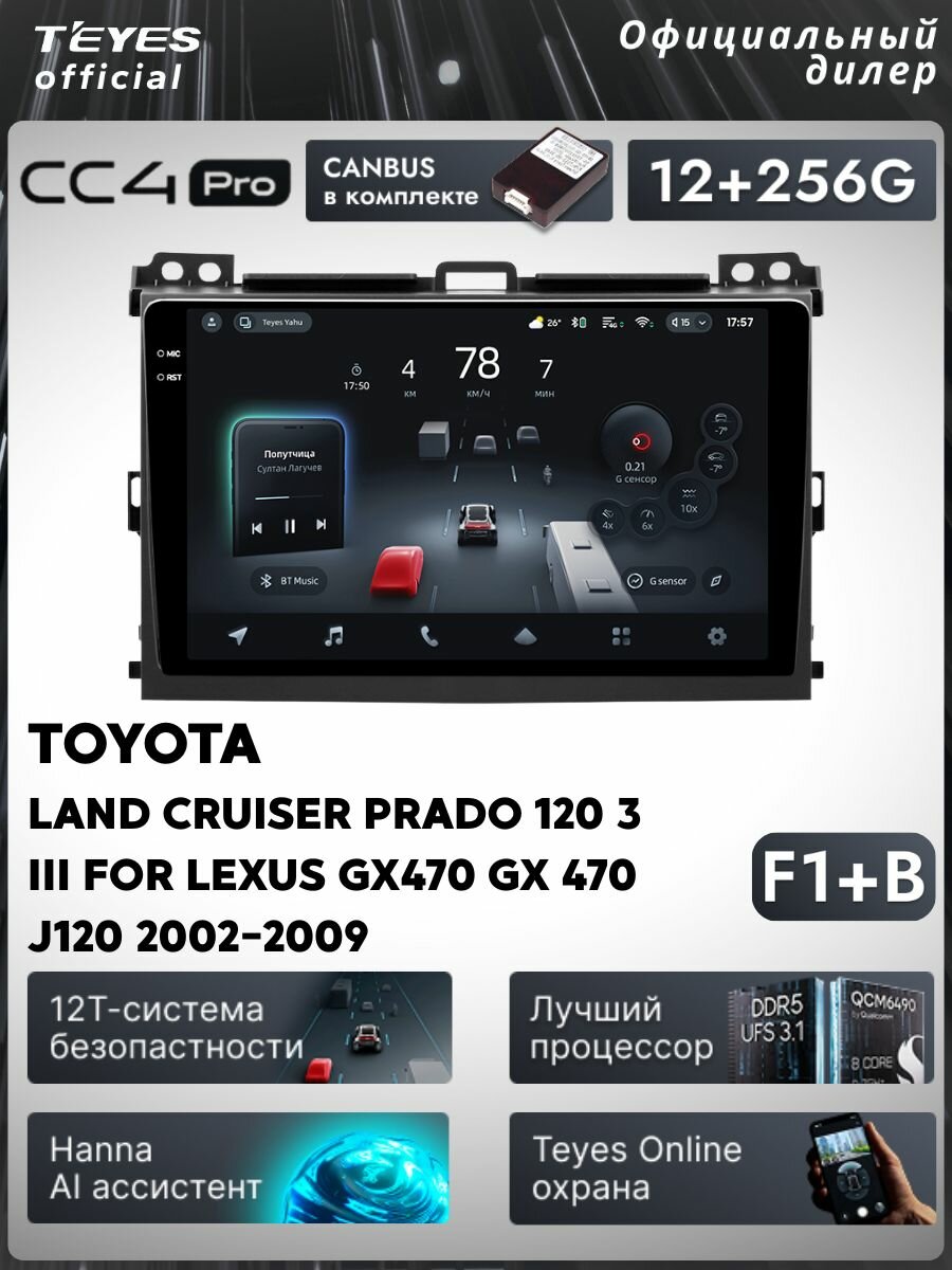 Магнитола Toyota Land Cruiser Prado 120 Lexus GX470 J120 2002-2009 (Комплектация F1+B) Teyes CC4 Pro 12/256GB штатная