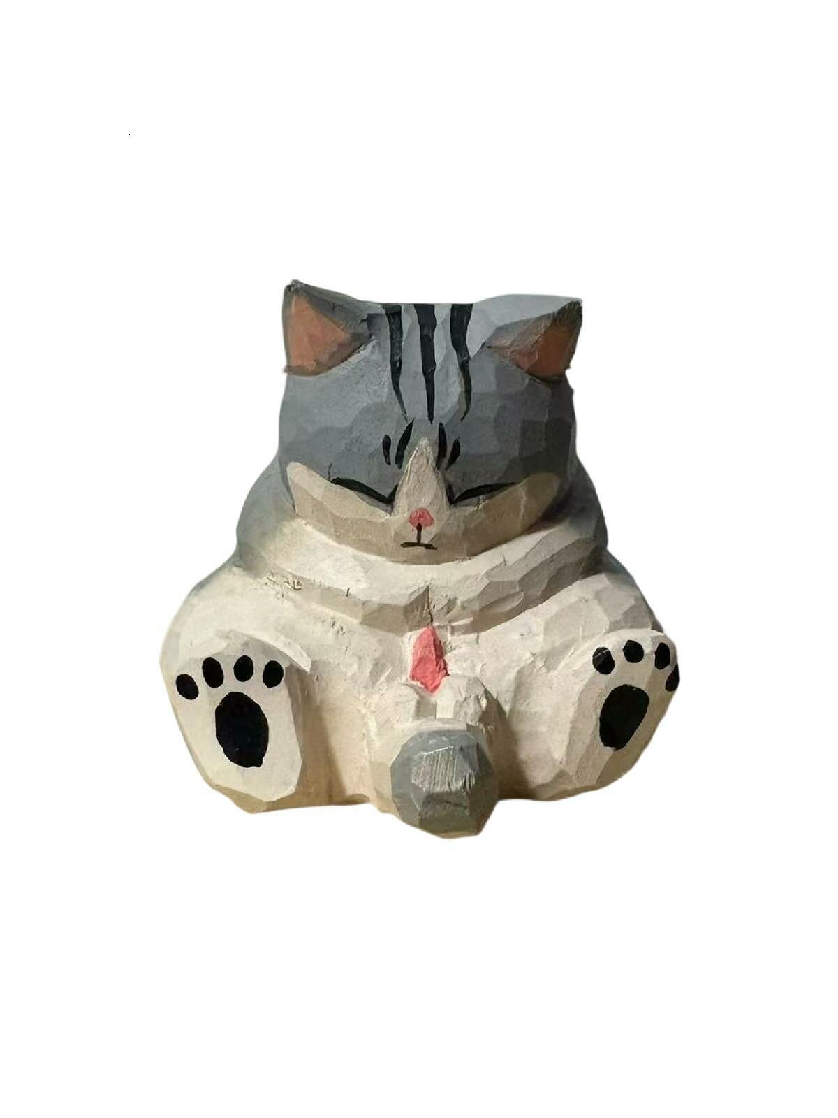 Деревянная фигурка Кошки Резная Статуэтка из липы Ремесленное Коллекционное украшение для украшения книжной полки