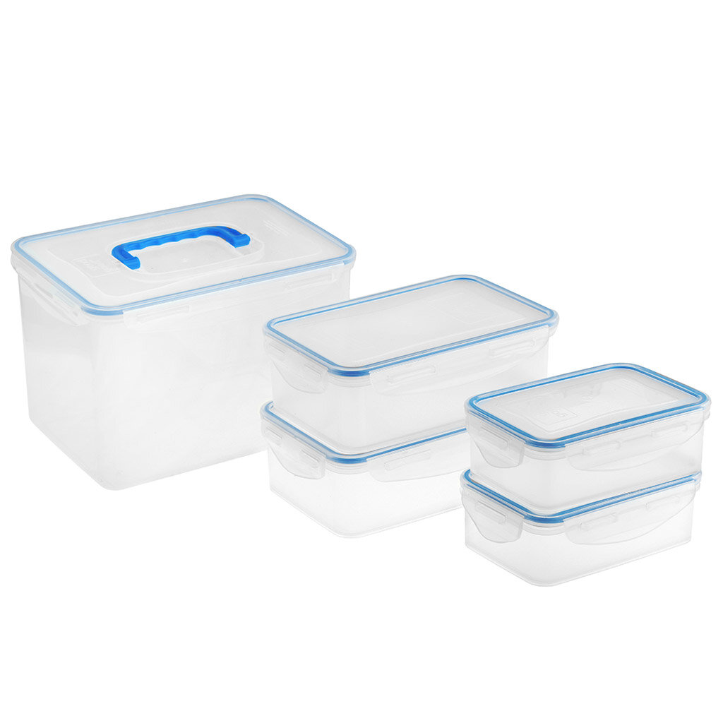 Контейнеры для продуктов КНР из полипропилена "Classic", набор 5 шт, 0,5 л 2 шт 16х11х5,5 см, 1,1 л 2 шт 20,5х13,5х6,7 см, 4,5 л 20,5х13,5х13 см, герметичный, силиконовый уплотнитель, подходит для СВЧ (N4-3/5)