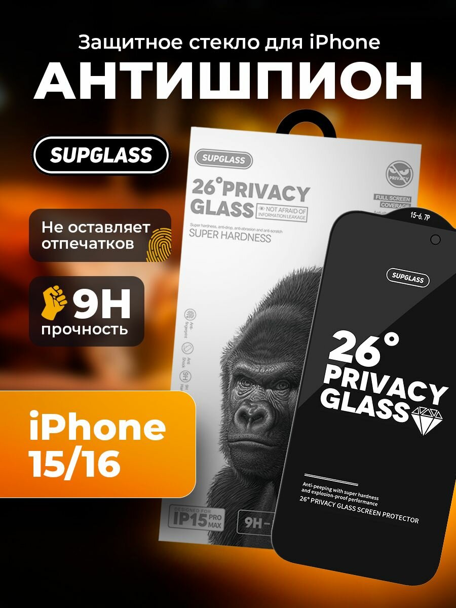 Защитное стекло антишпион на Apple iPhone 15, 16 (6.1"), антишпион стекло на айфон 15, 16