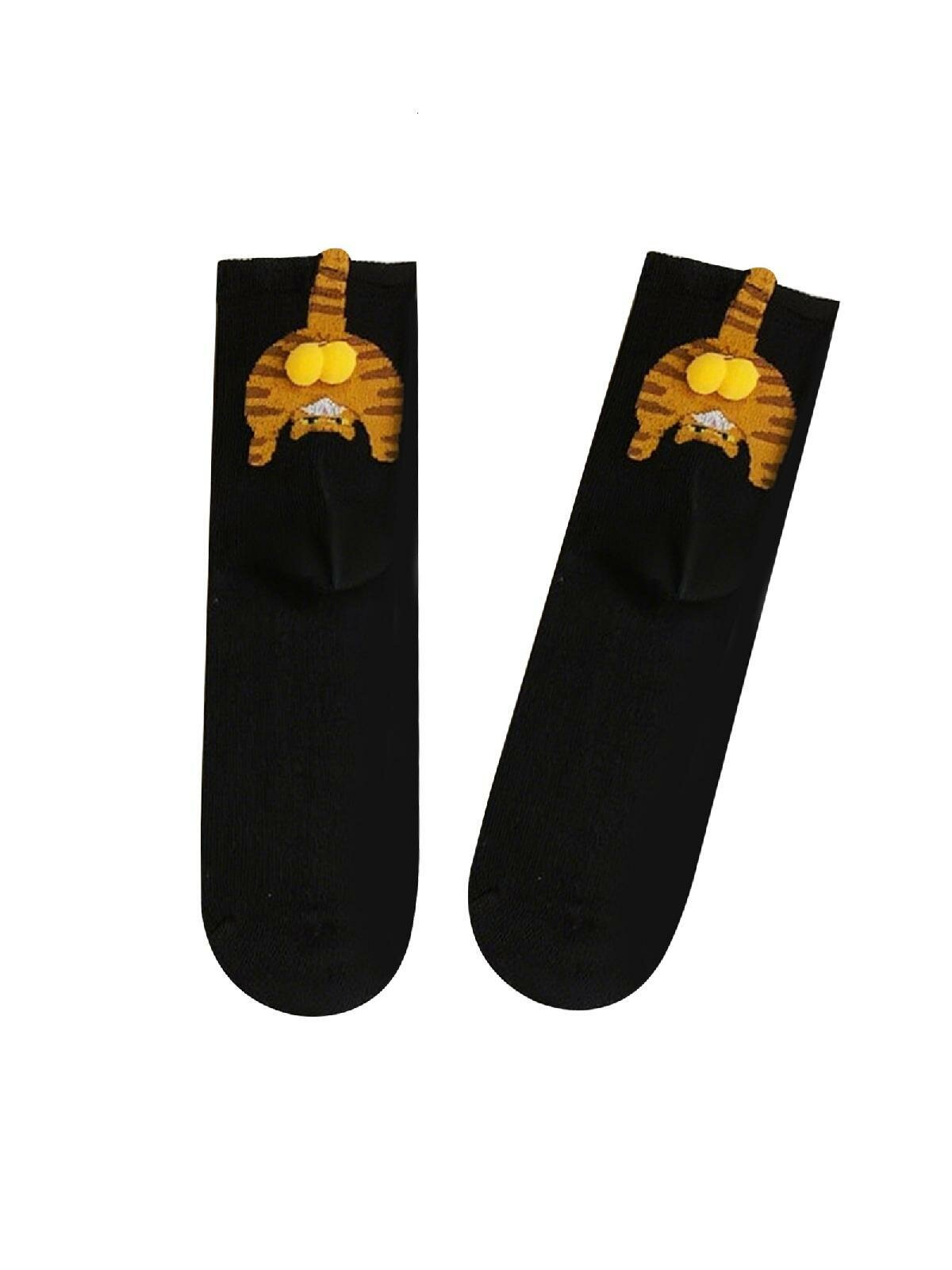 Носки детские с принтом котов, полиэстер, Черно-оранжевая кошка