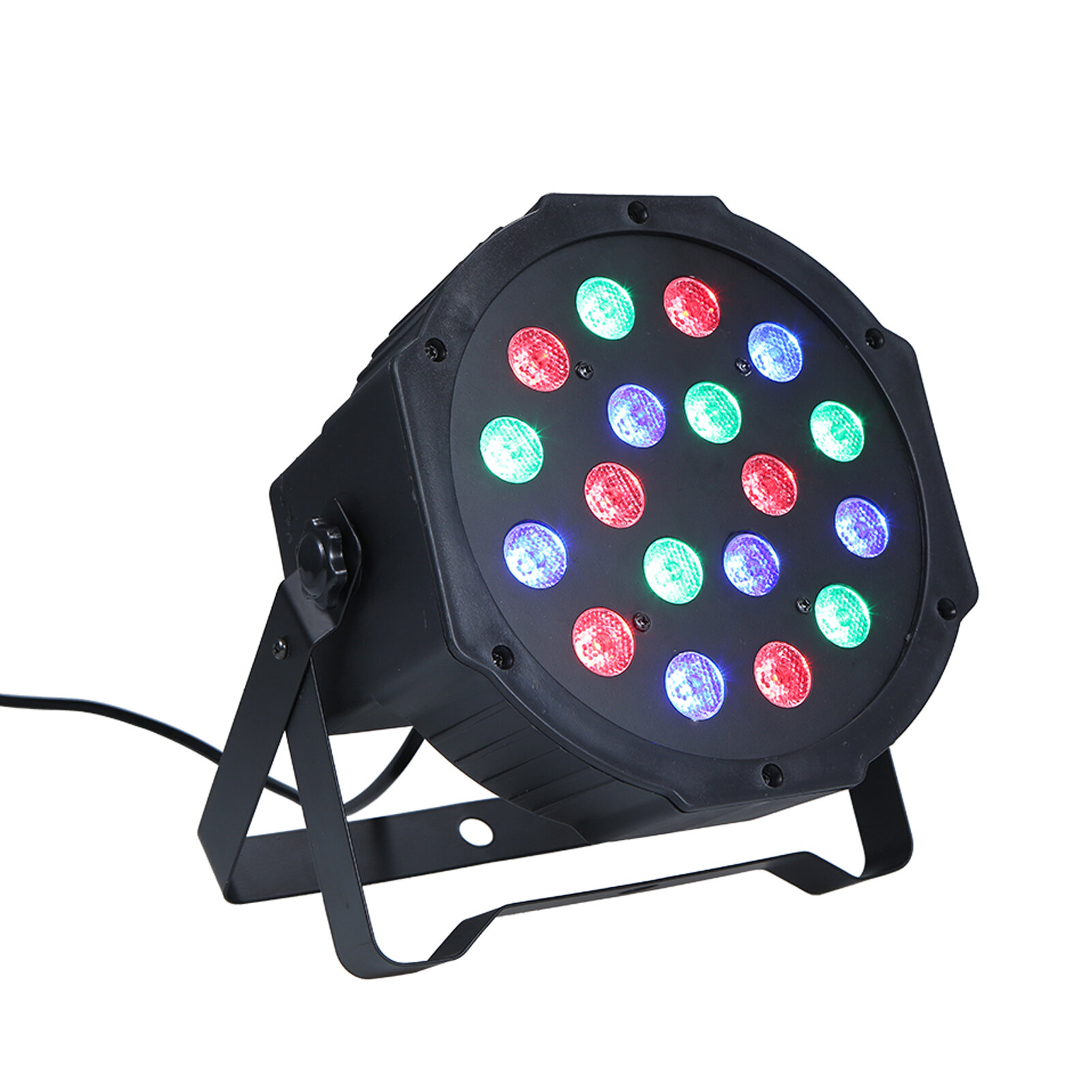 Светодиодная RGB-пар свет для сцены AC90-240V 18W 18 LED с поддержкой звукового активации, авто-работы, DMX512, мастер-ведомого 4 режимов, регулируемой яркостью, портативная для DJ, черного цвета, 200*200*100mm, 670g, материал PC+ABS+Железо, длина кабеля
