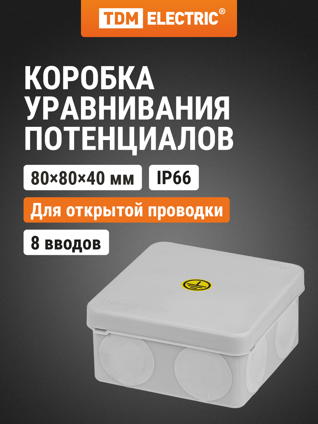 Коробка распределительная уравнивания потенциалов (КУП) двухкомп ОП 80х80х40 мм, шина 6х9, 6 гр, IP66 TDM Electric