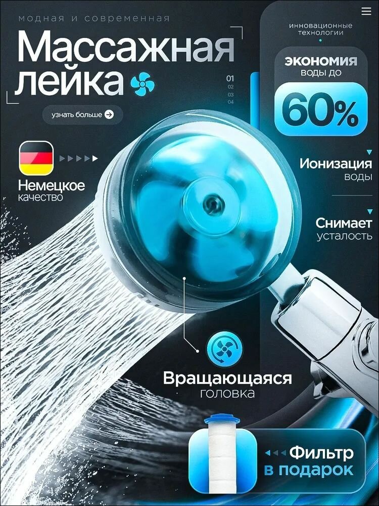 Душевая лейка, с фильтром и вентилятором, экономичная, глянцевая, белая, 1 режим