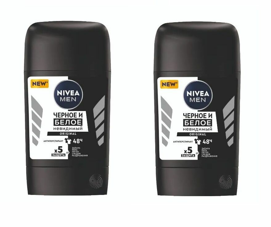 Nivea Дезодорант стик мужской Черное и Белое Невидимый, 50 мл, 2 шт