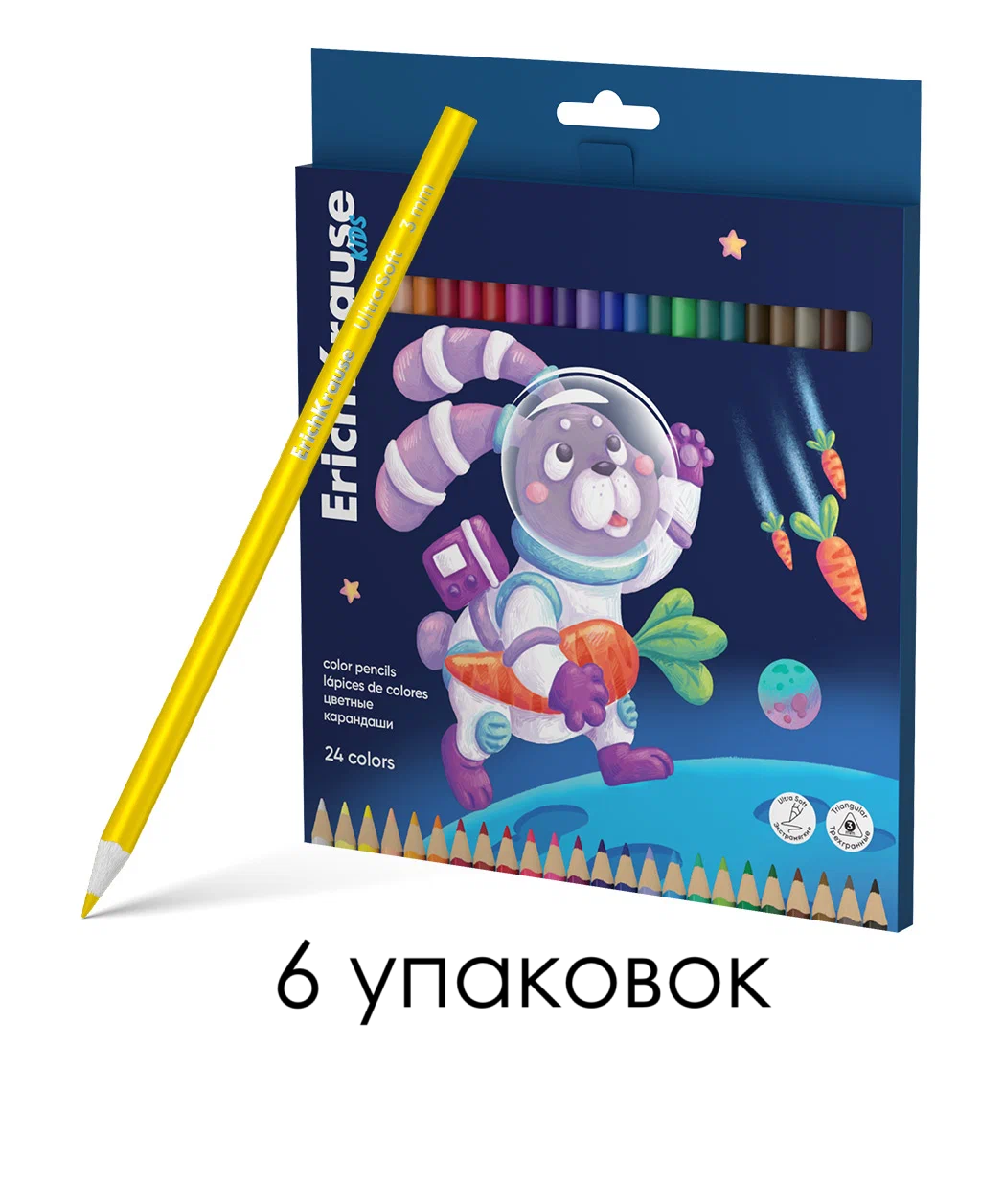 Карандаши ErichKrause цветные деревянные Kids Space Animals трехгранные, грифель 3 мм, 24 цвета, 24 шт в коробке с европодвесом, 6 упаковок