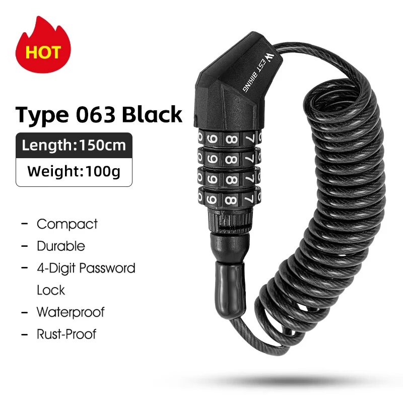 WEST BIKING Кабельный замок 150см, черный, 063 Black