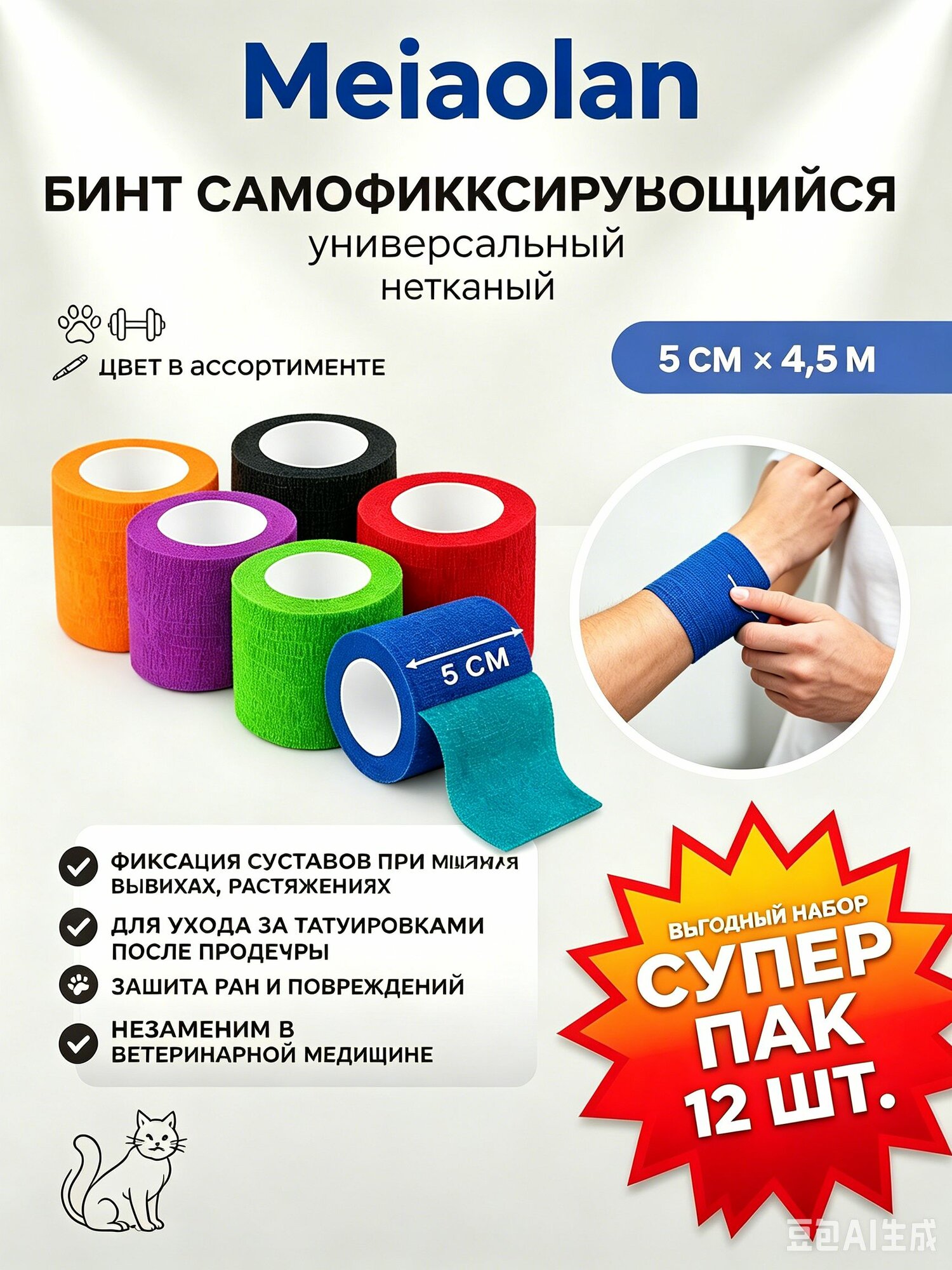 Бинт когезивный самофиксирующийся цветной и телесный, 6 шт 5см 4,5м, для тату, спорта и защиты лап домашних животных эластичный набор универсальный