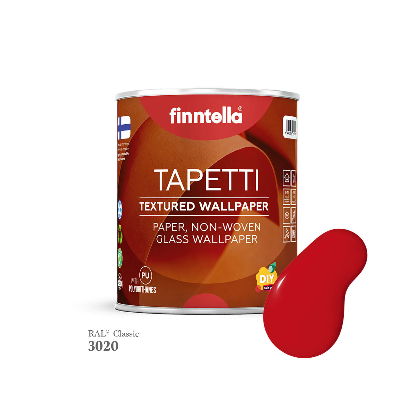Шелковисто-матовая краска для обоев под окраску TAPETTI SILKKI Matta FINNTELLA, Цвет RAL 3020 Транспортный красный (Traffic red), 0,9л