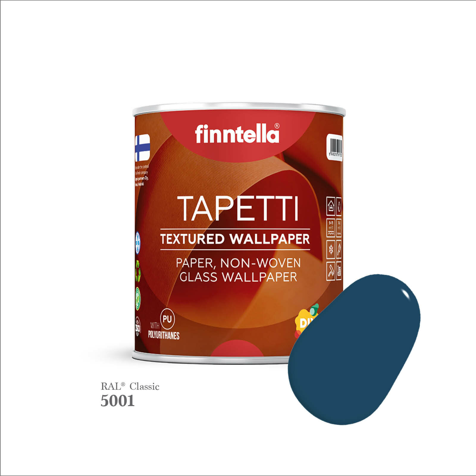 Шелковисто-матовая краска для обоев под окраску TAPETTI SILKKI Matta FINNTELLA, Цвет RAL 5001 Зелено-синий (Green blue), 0,9л