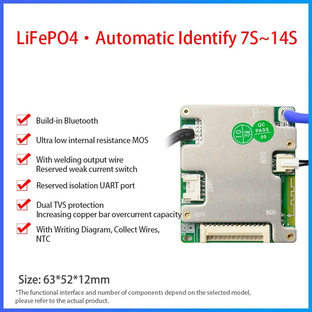 JBD Smart BMS Балансировочная плата для литий-ионных батарей 7-14S 14S 20A UART BT, LiFePo4 Built-in BT